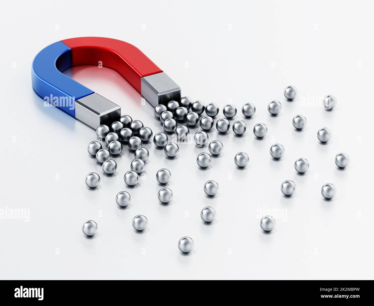 Horseshoe magnet attracts groups of metal spheres. 3D illustration ...
