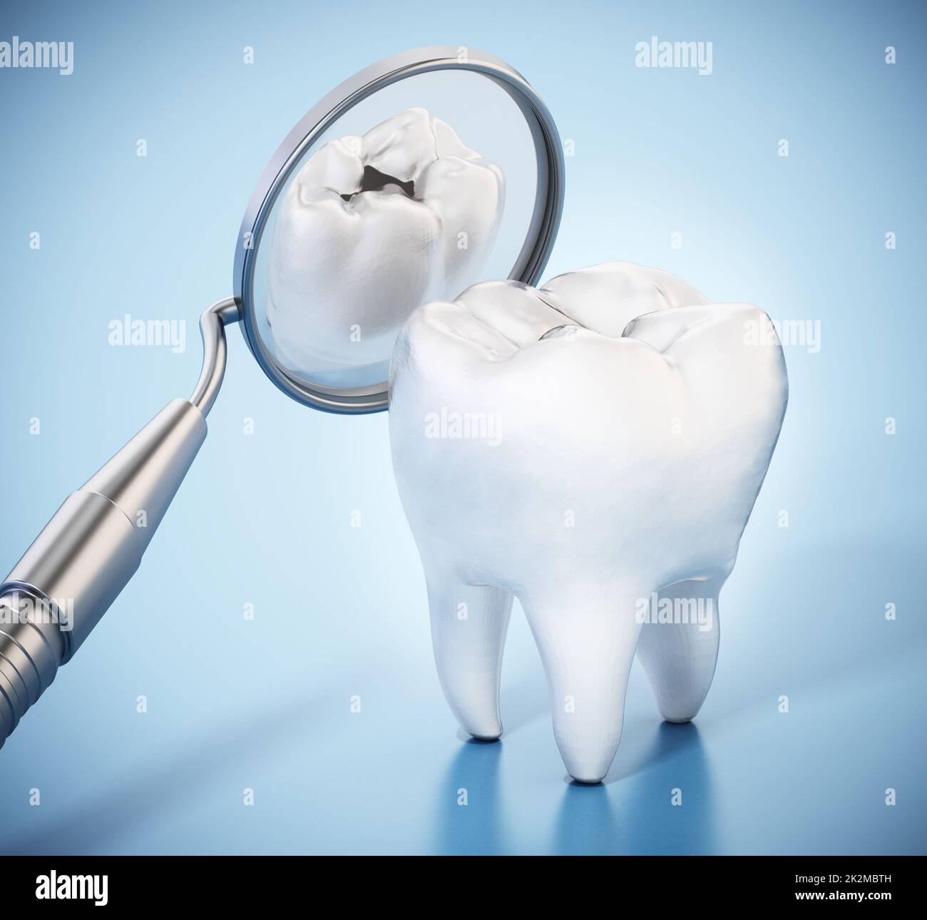 Dentist mirror showing the back of the isolated tooth. 3D illustration ...