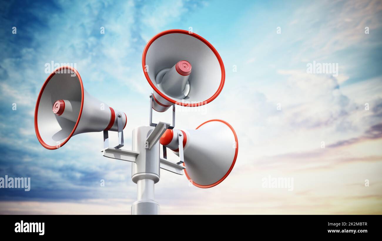 Megaphones in the pole. Public announcement concept. 3D illustration ...