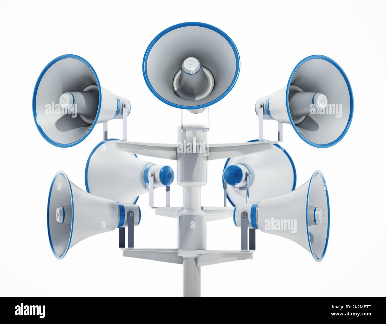 Megaphones in the pole. Public announcement concept. 3D illustration ...