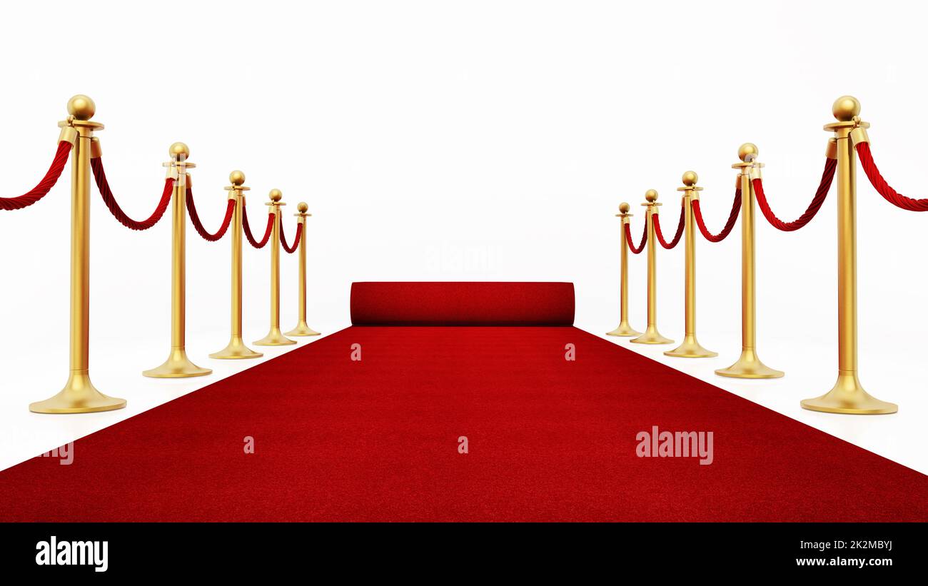 Red carpet and velvet ropes isolated on white background. 3D ...