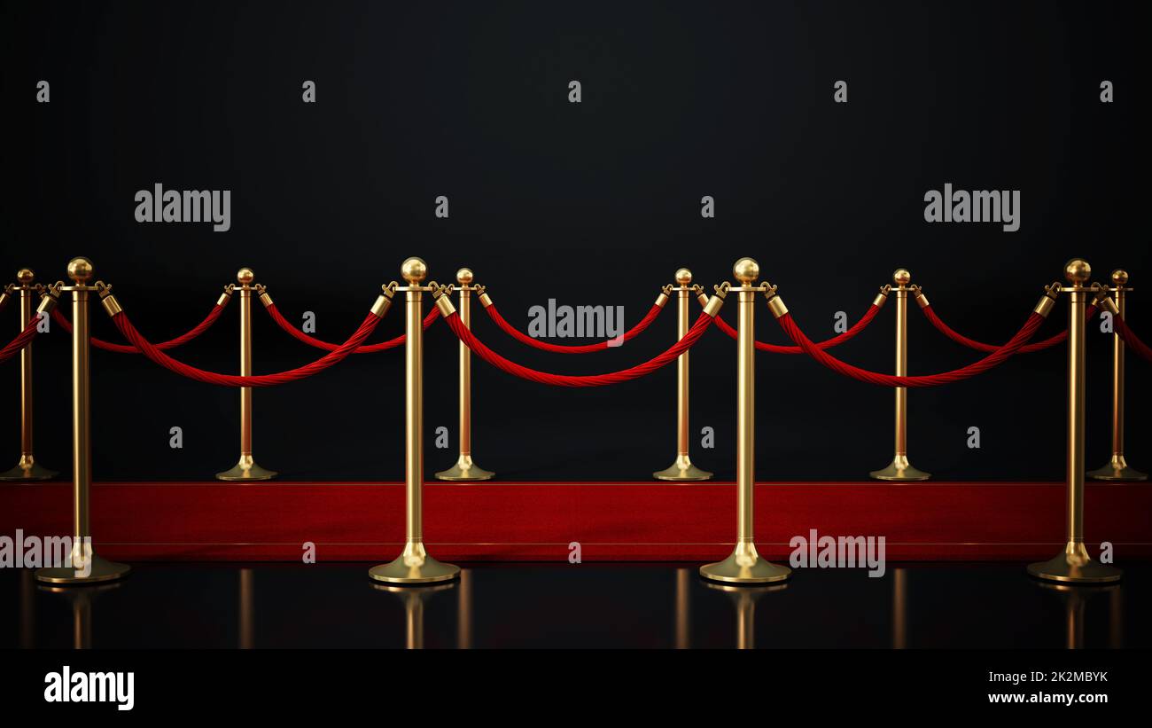 Red carpet and velvet ropes isolated on black background. Side view. 3D ...