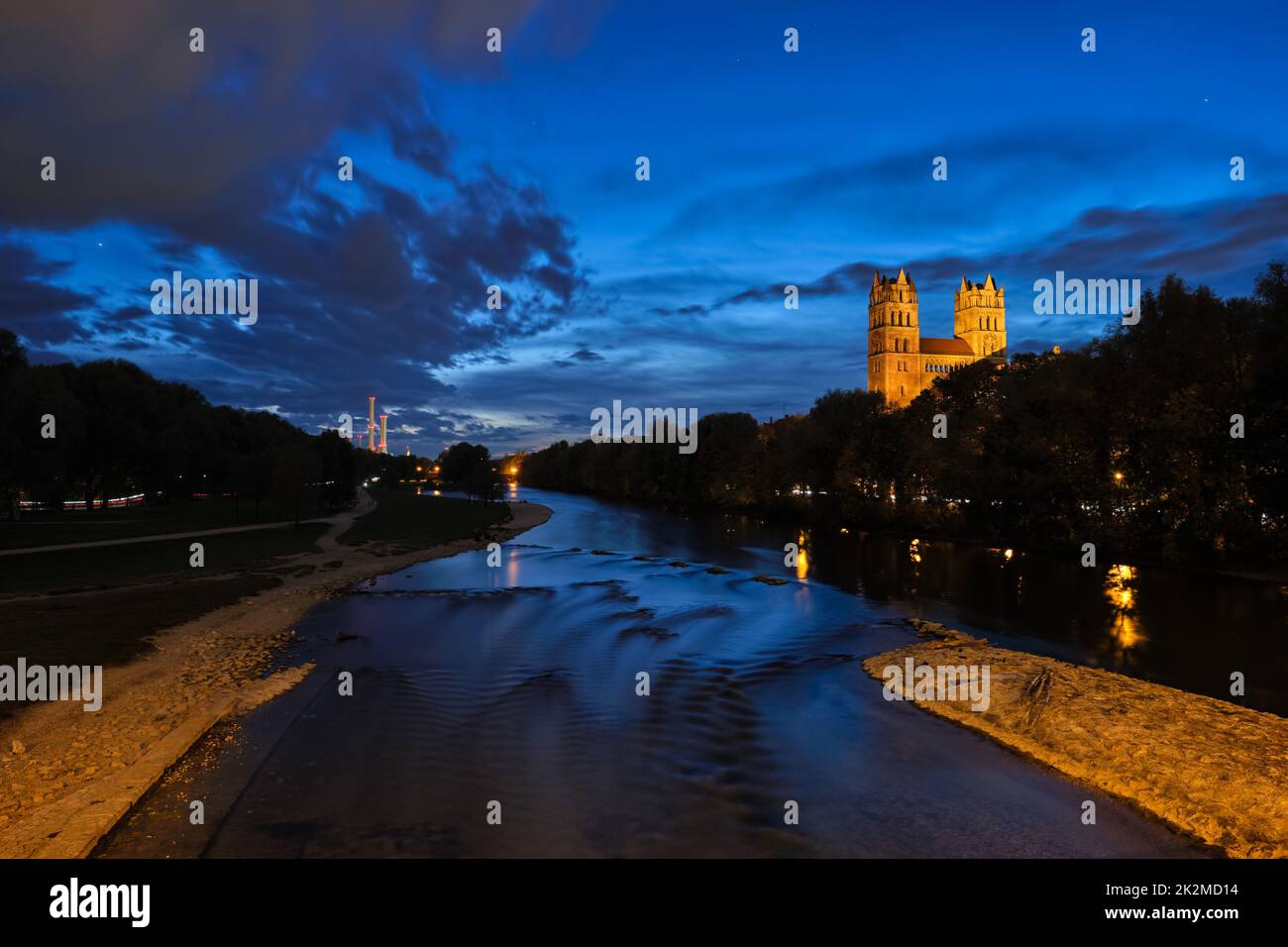 Isar river, park and St Maximilian church from Reichenbach Bridge ...