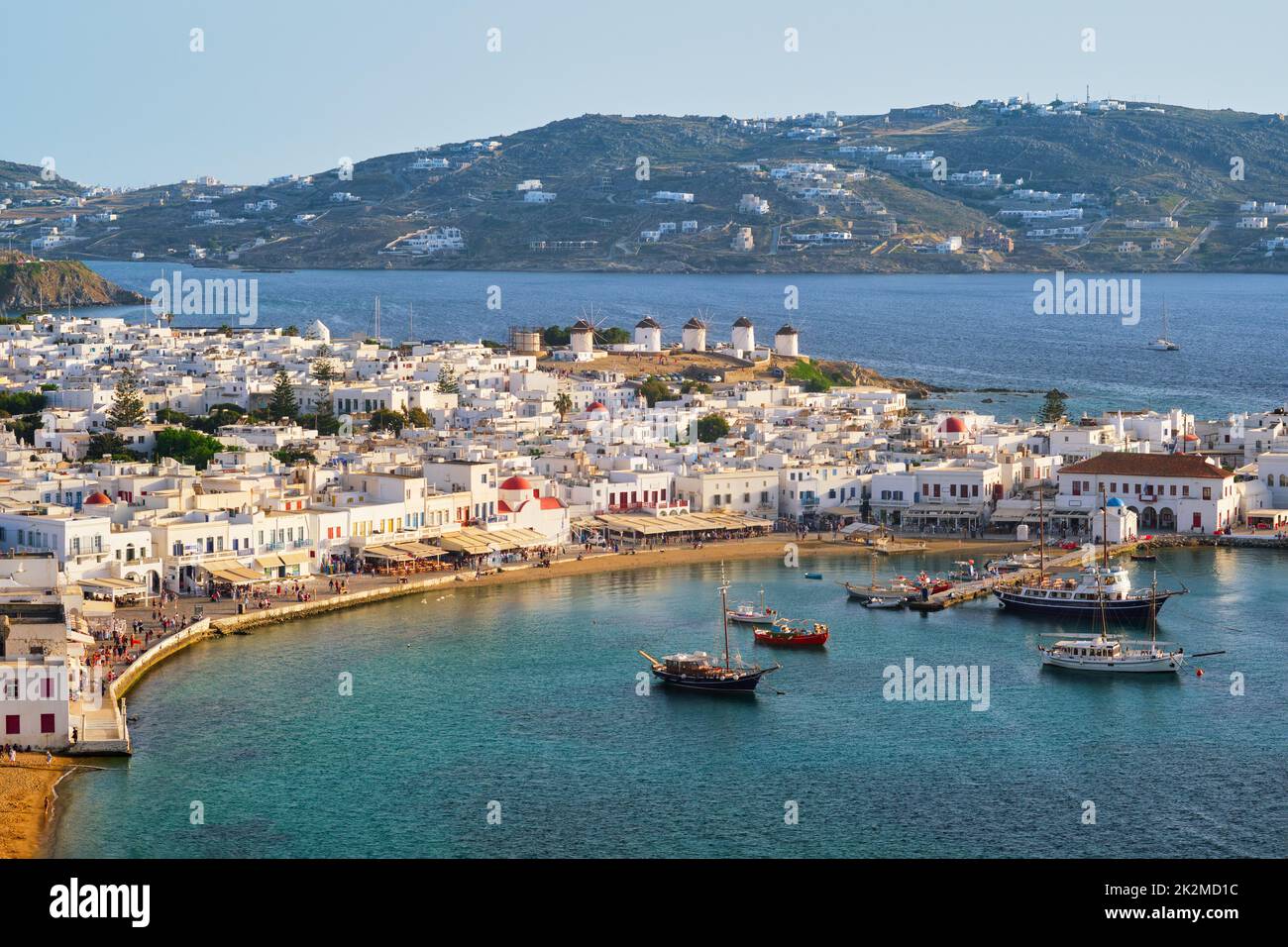 Mykonos island port with boats, Cyclades islands, Greece Stock Photo ...