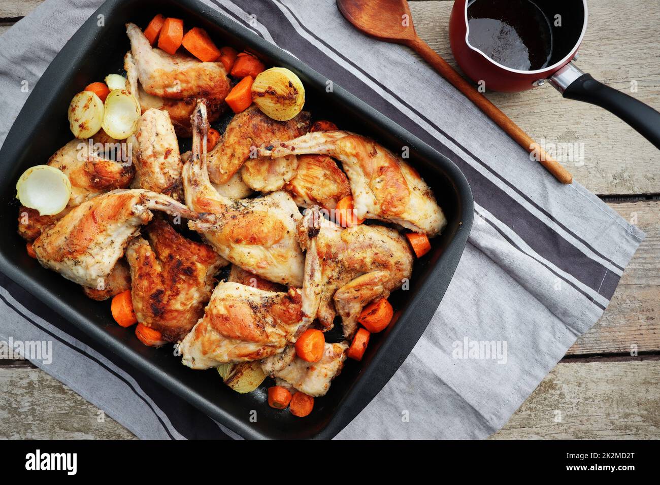 High Angle View of Roasted Rabbit Haunches in Pan with Stewed ...