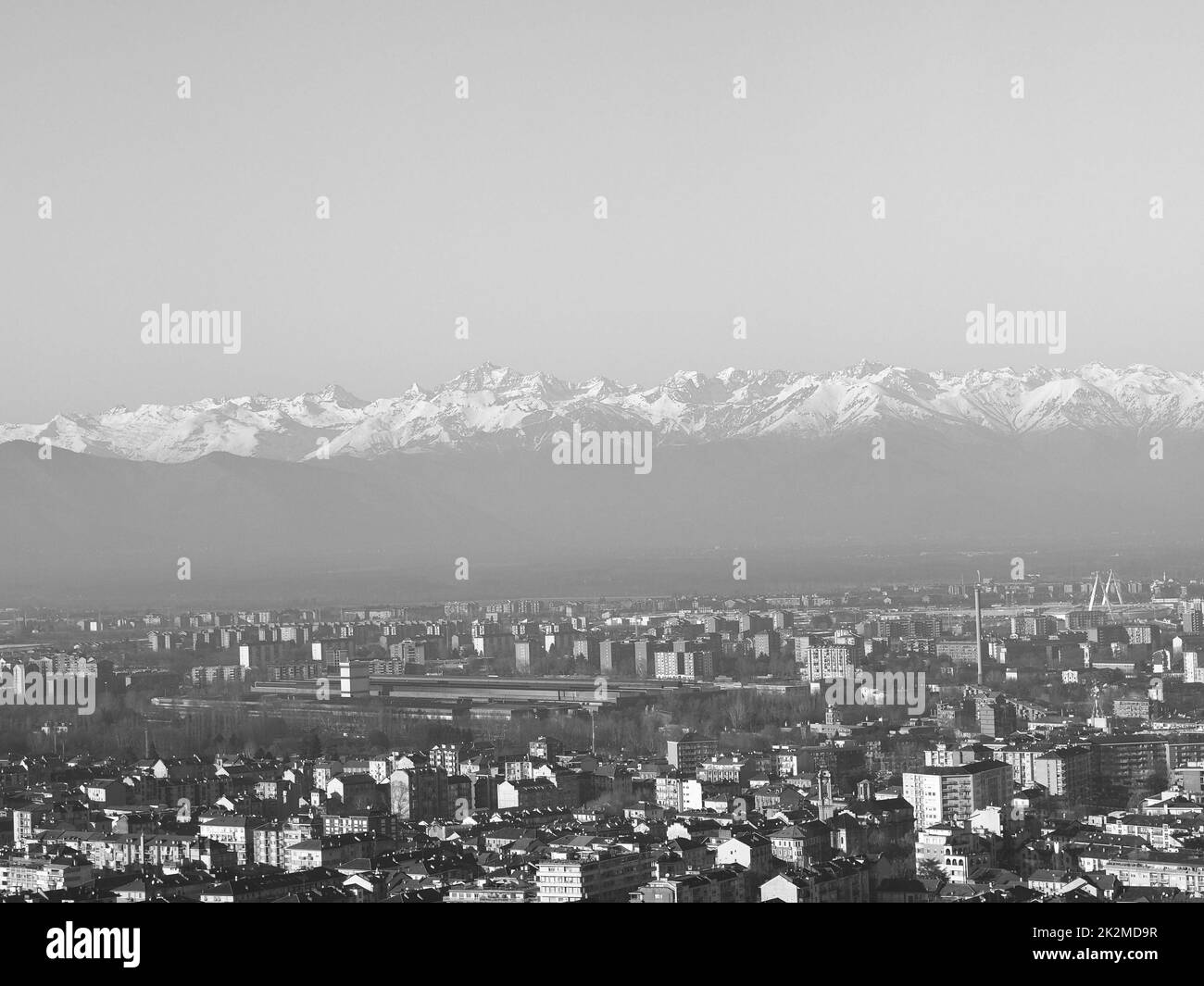 Aerial view of Turin with Alps mountains in black and white Stock Photo ...