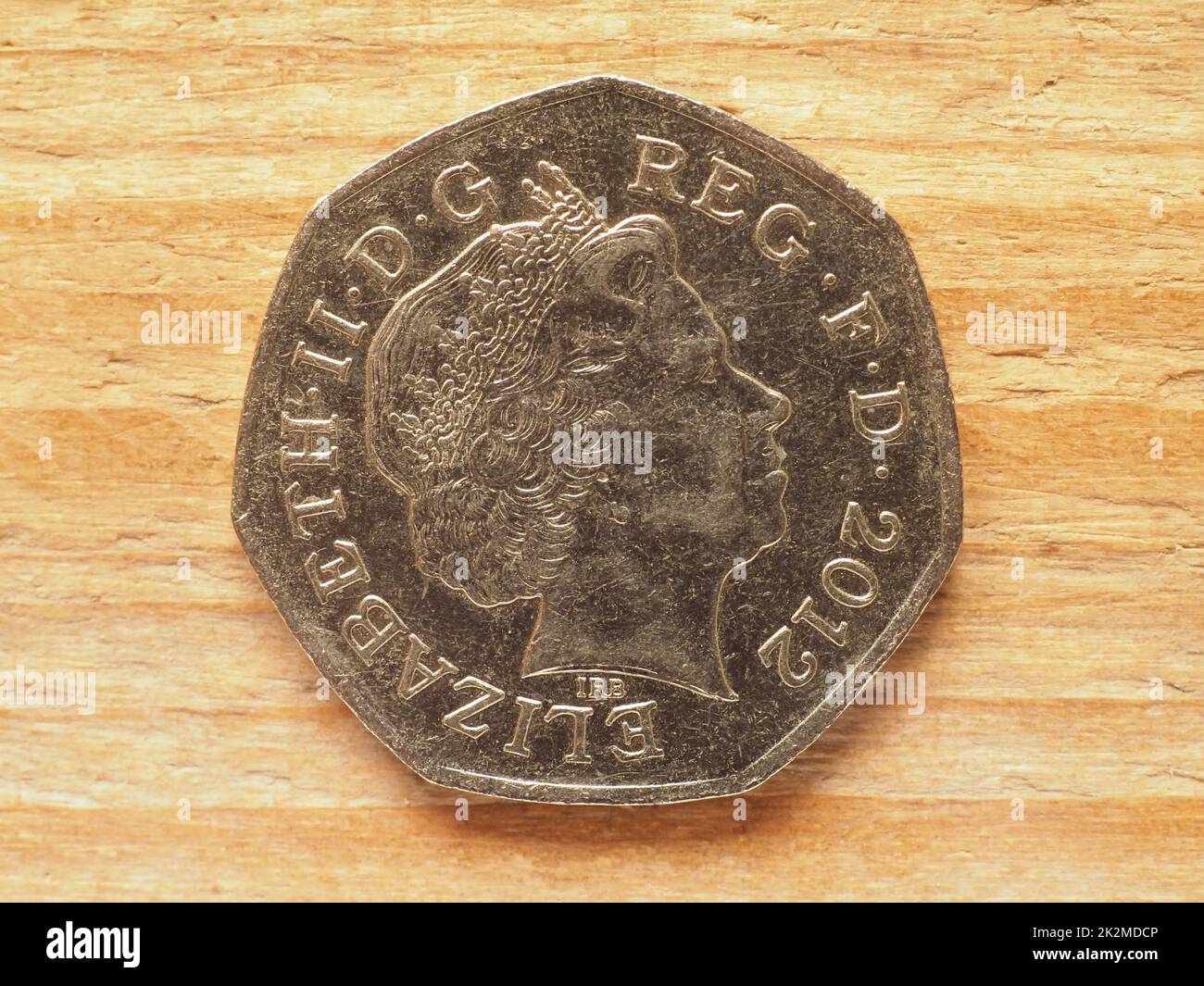 50 pence coin, obverse side showing the Queen, currency of the UK Stock ...