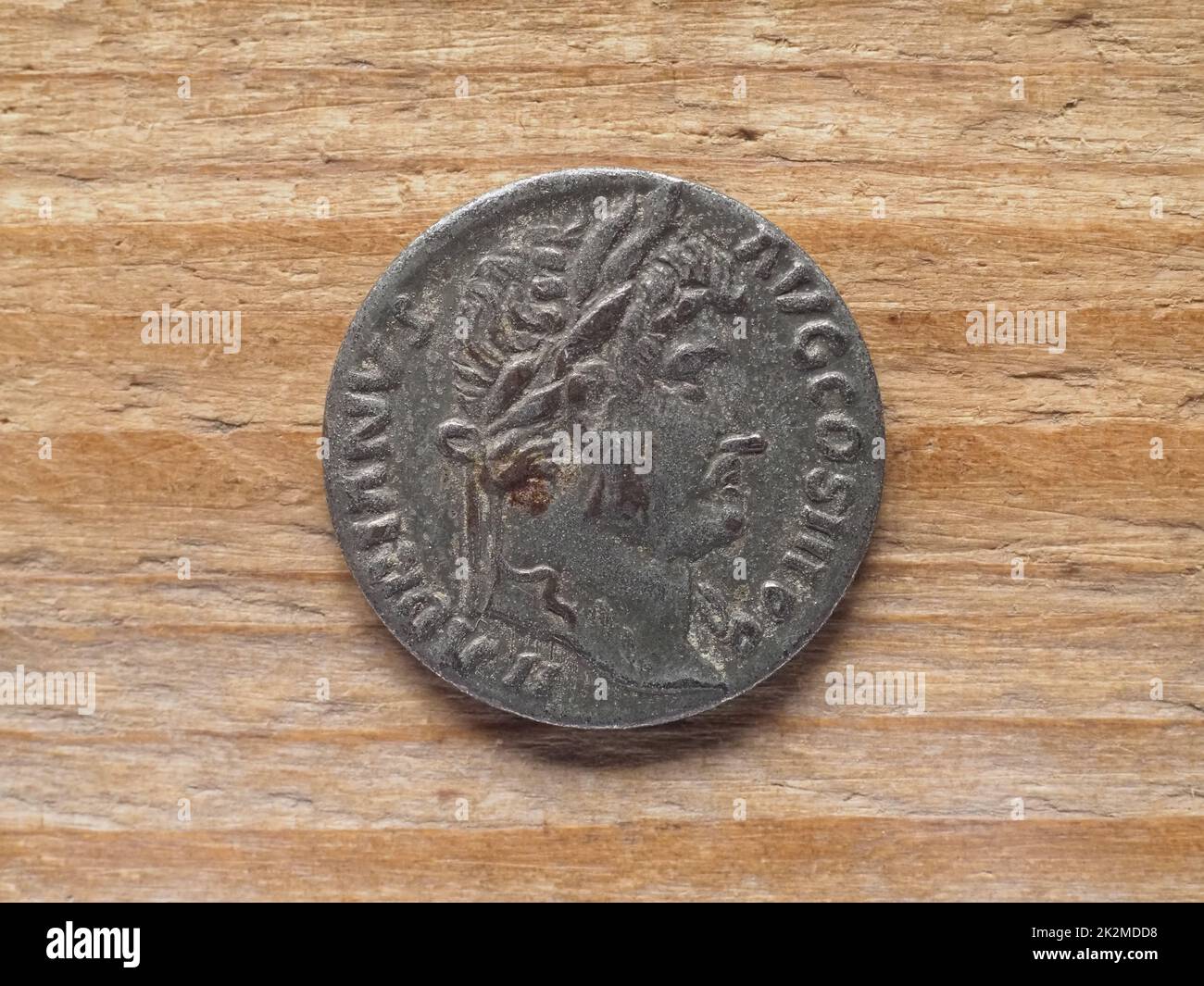 Ancient Roman denarius coin obverse showing emperor Hadrian circa 130 ...