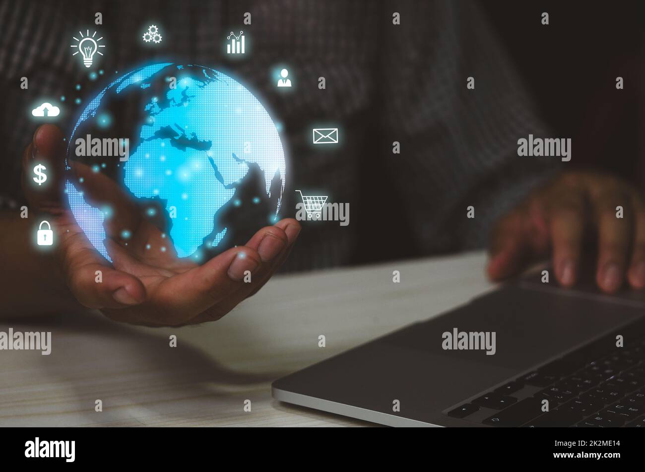 Man hand virtual world icon. Communication and use of modern Internet ...