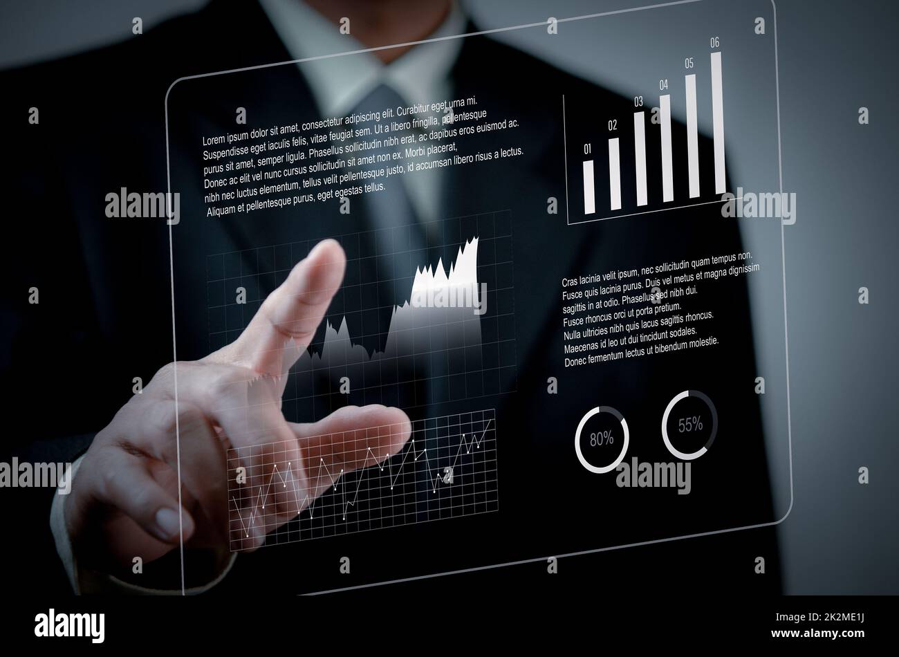 Hand touching virtual screen graph and chart data analysis and big data business concept Stock ...