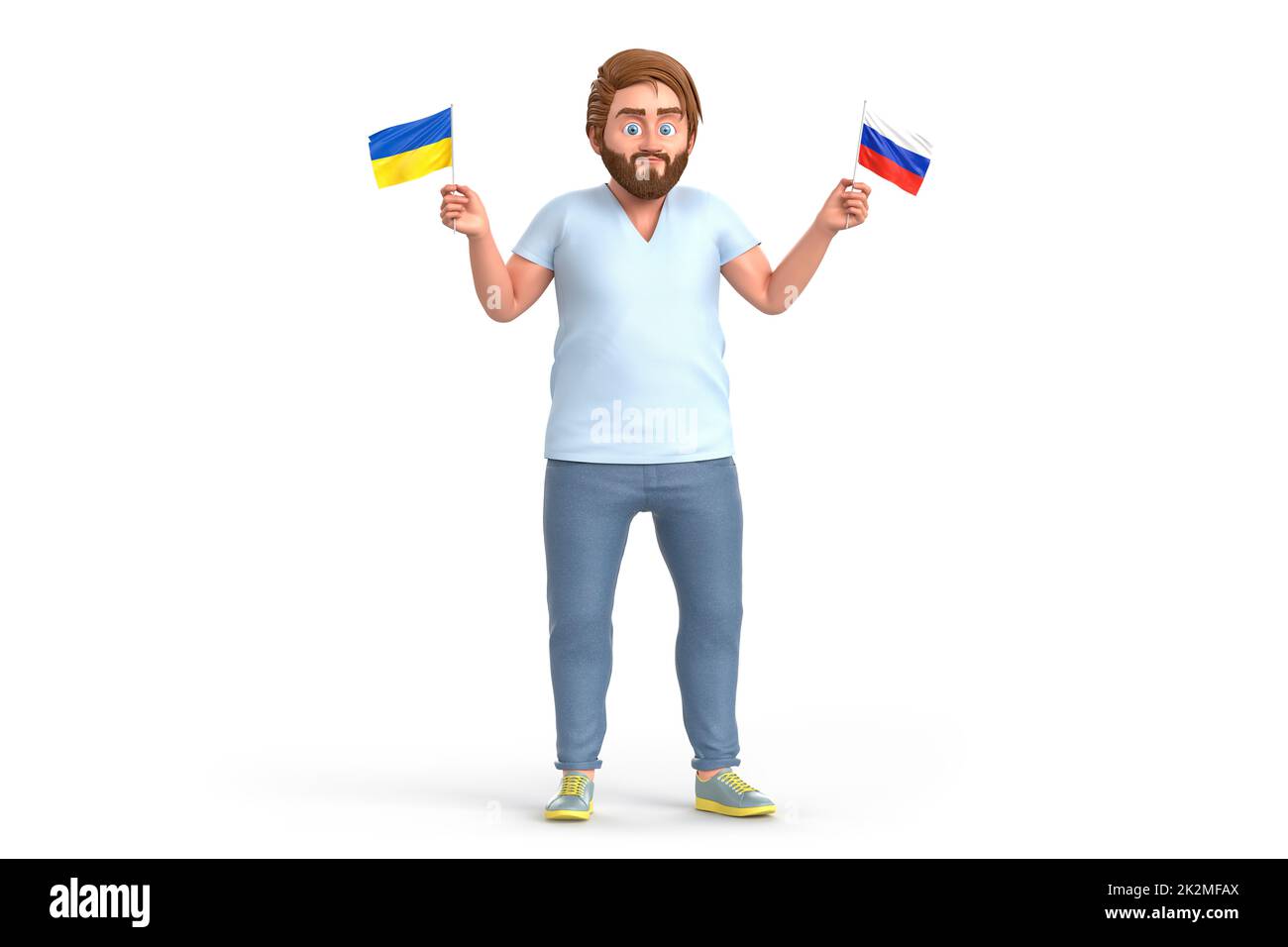 Smiling man holding Russian and Ukrainian flags. Isolated on white ...