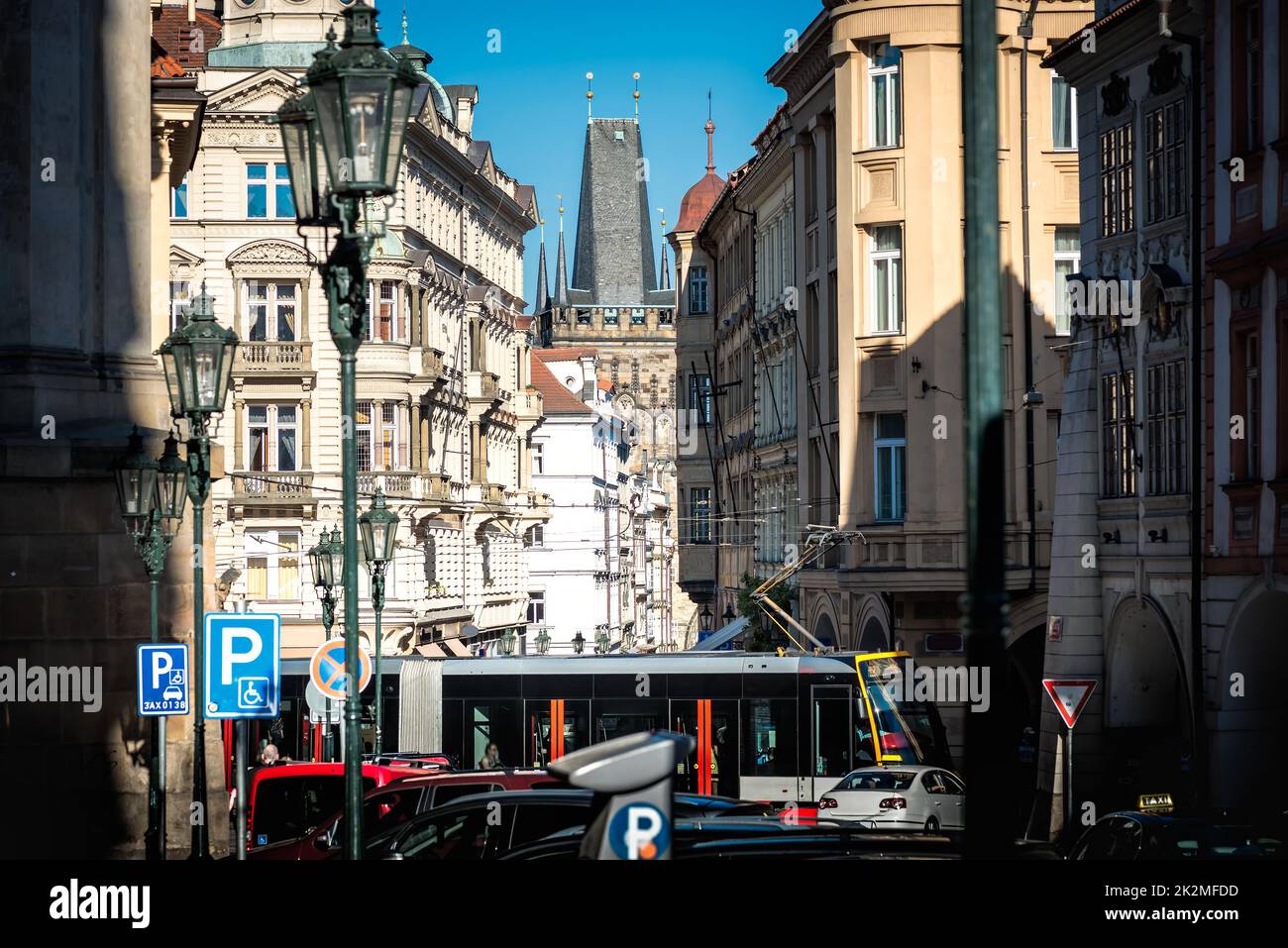 Lesser Town Bridge Tower through Mostecka street in Prague. Czech ...
