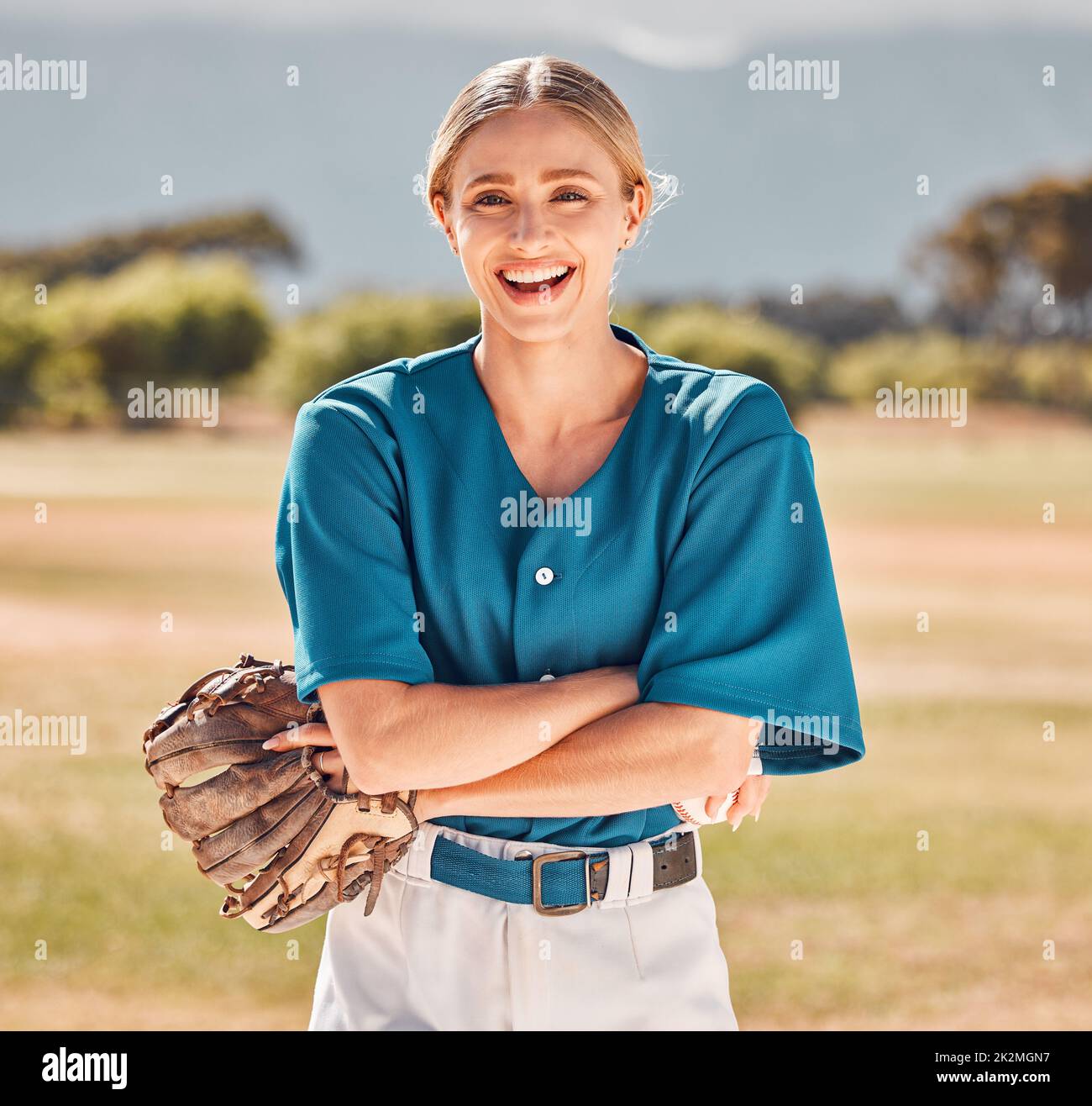 Woman, baseball and sports athlete on field in stadium for training ...