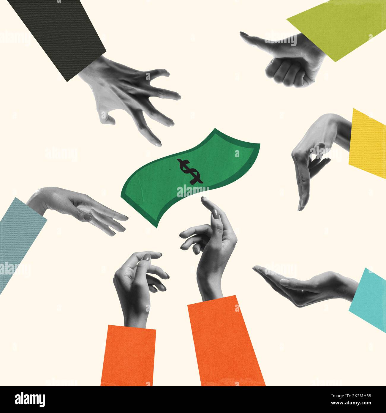 Human hands gesturing around bank note on light background, artwork ...