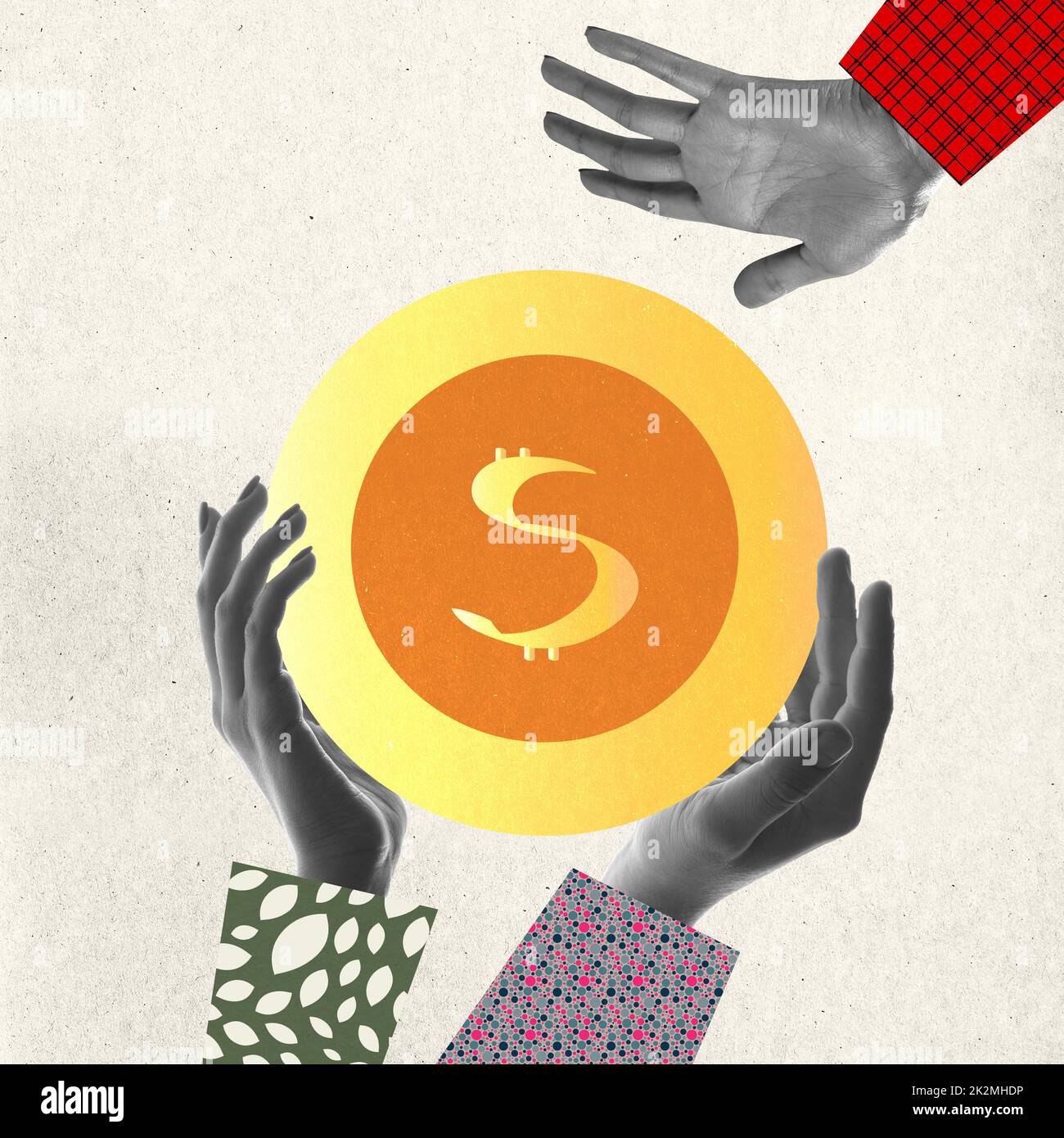 Human hands holding huge coin with dollar sign. Contemporary art ...