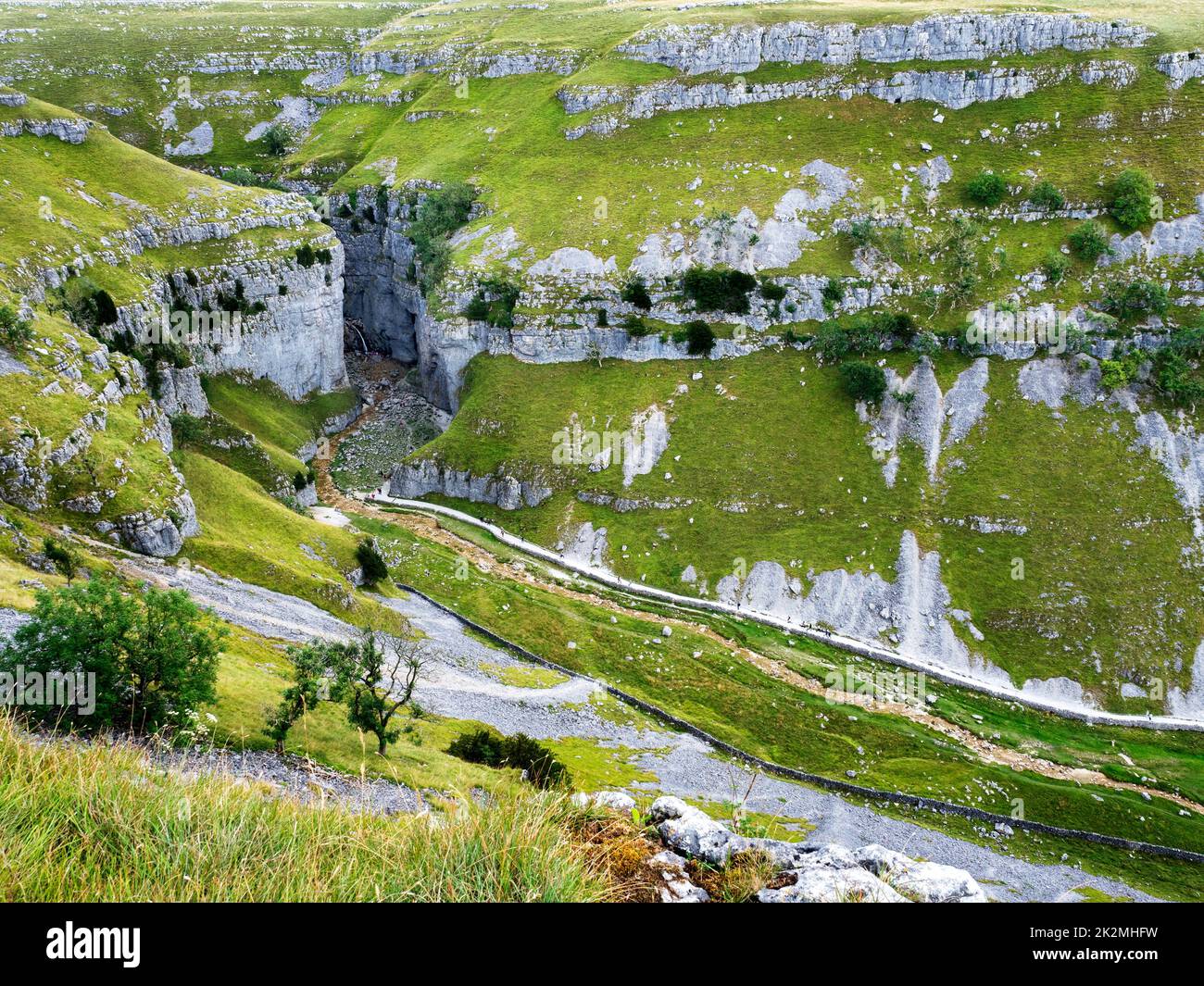 Looking down into the limestone ravine of Gordale Scar Malhamdale ...