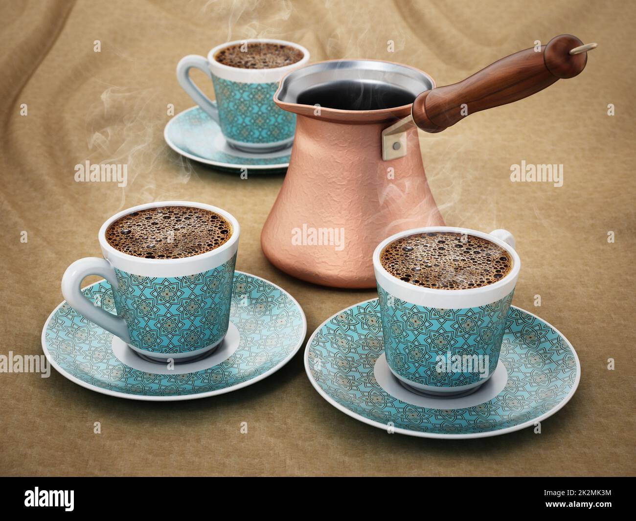Coffeepot and Turkish coffee in traditional porcelain cups. 3D ...