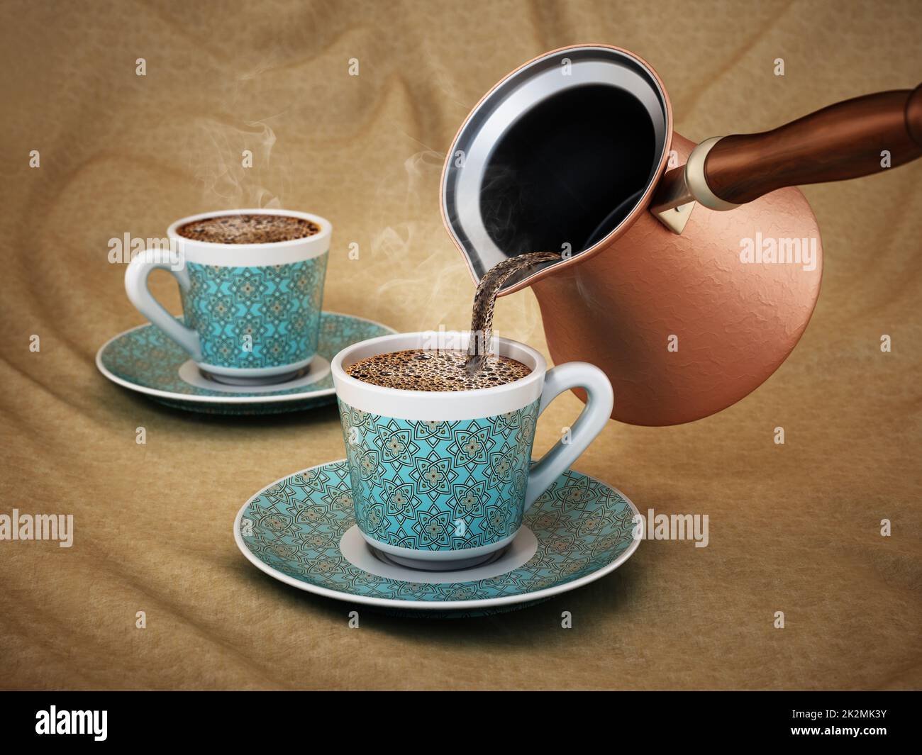 Turkish coffee poured into a traditional porcelain cup. 3D illustration ...