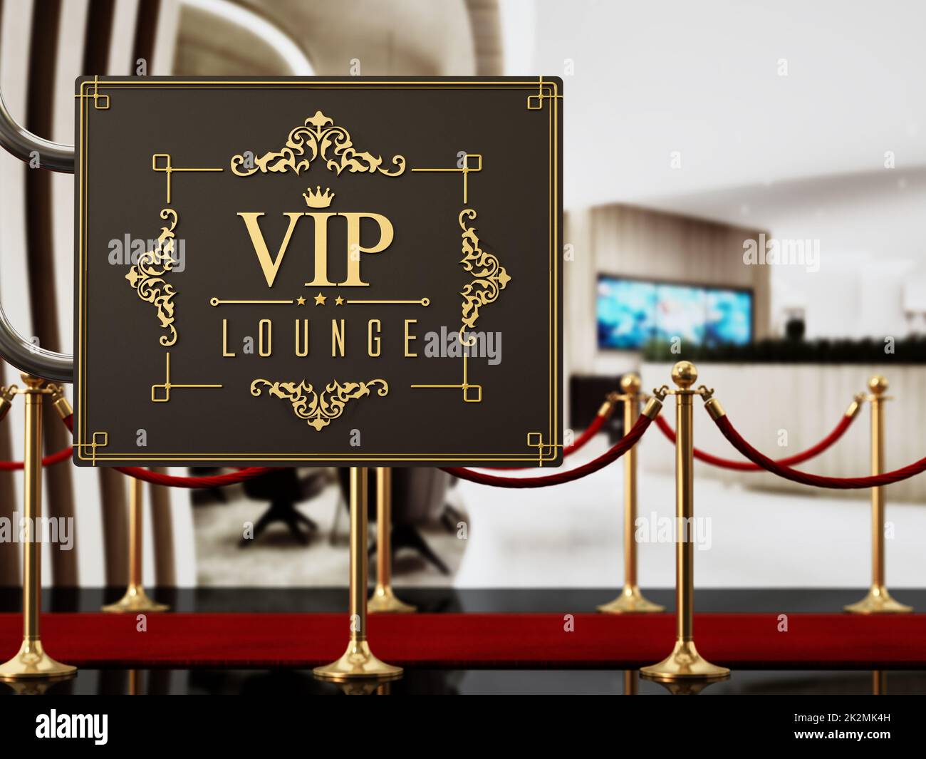 VIP lounge signboard with red carpet and velvet ropes. 3D illustration ...