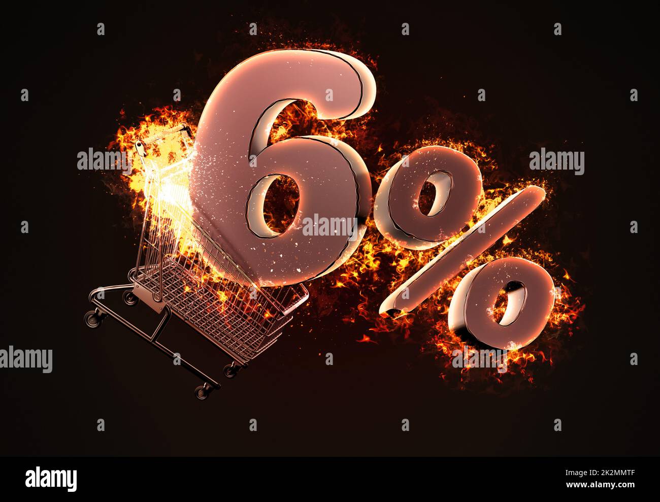 Burning shopping cart and red Six percent discount sign. 3D ...