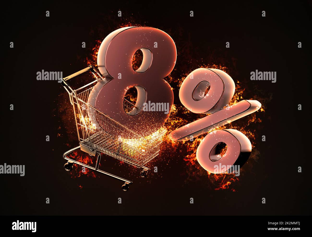 Burning shopping cart and red Eight percent discount sign. 3D ...