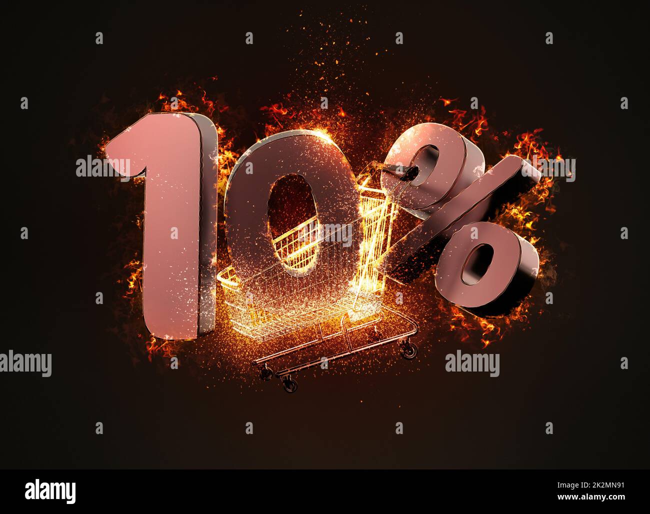 Burning shopping cart and red ten percentage discount sign. 3D ...