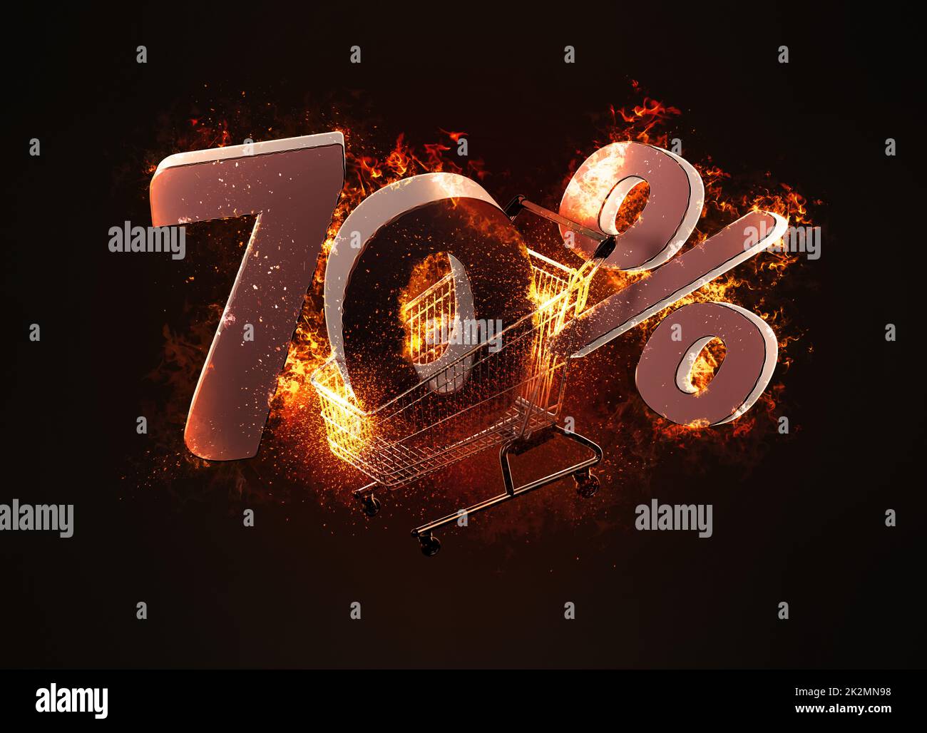 Burning shopping cart and red seventy percentage discount sign. 3D ...