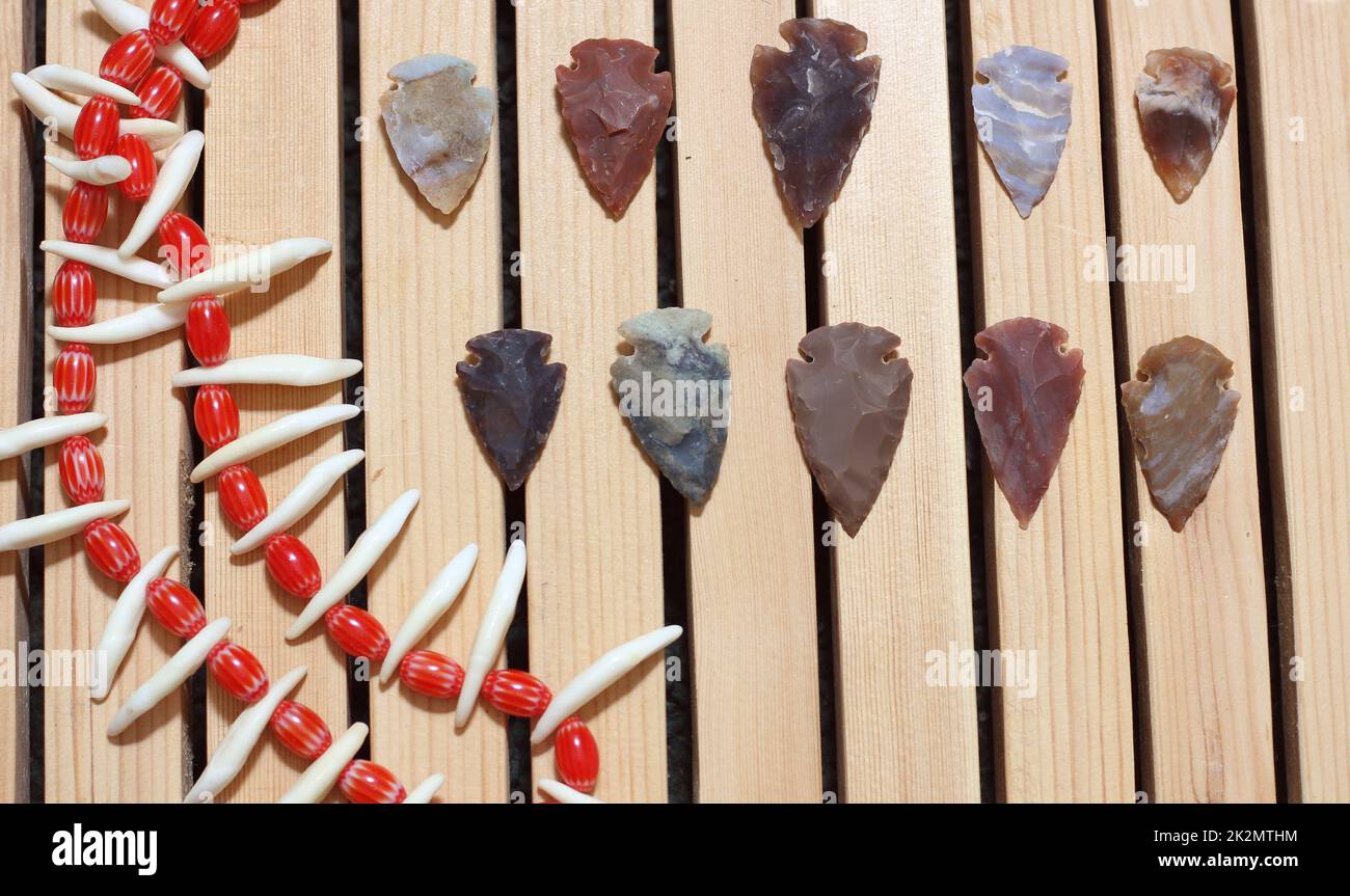 Native American Arrowheads and Beaded Necklace With Coyote Teeth Stock ...