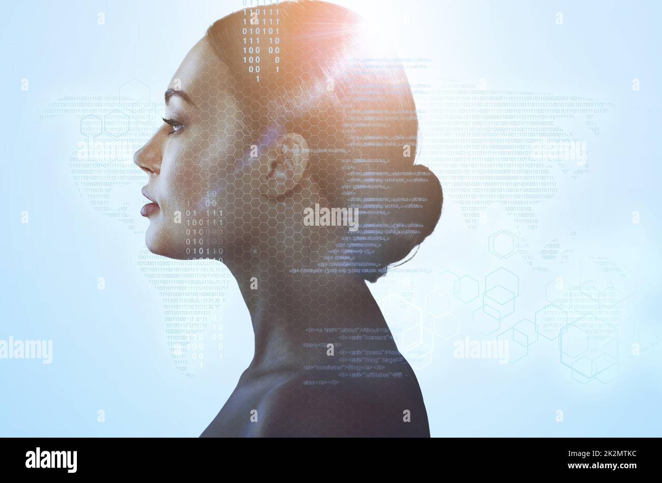 Silhouette of a woman on a blue background. Artificial intelligence and ...