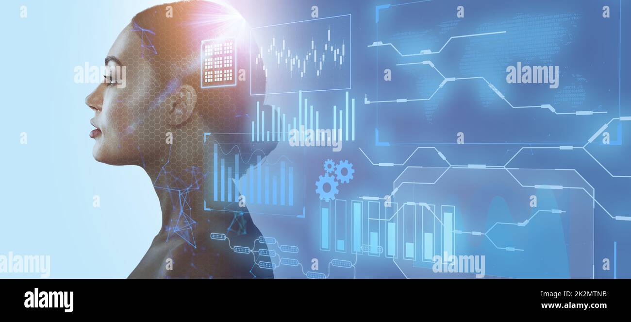 Silhouette of a woman on a blue background. Artificial intelligence and ...