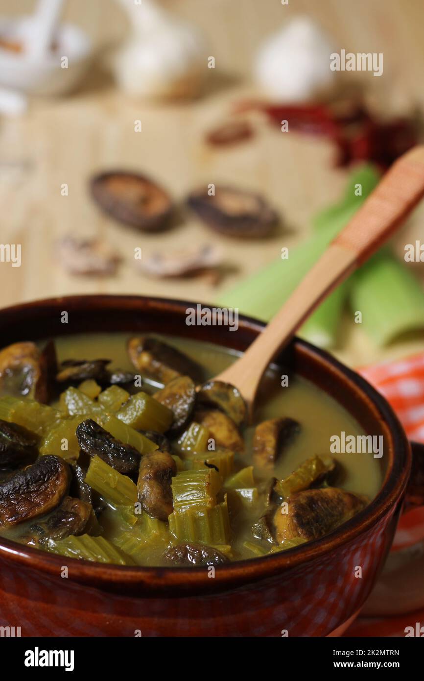 Hearty Mushroom and Celery Soup With Spicy Vegetable Broth Stock Photo ...