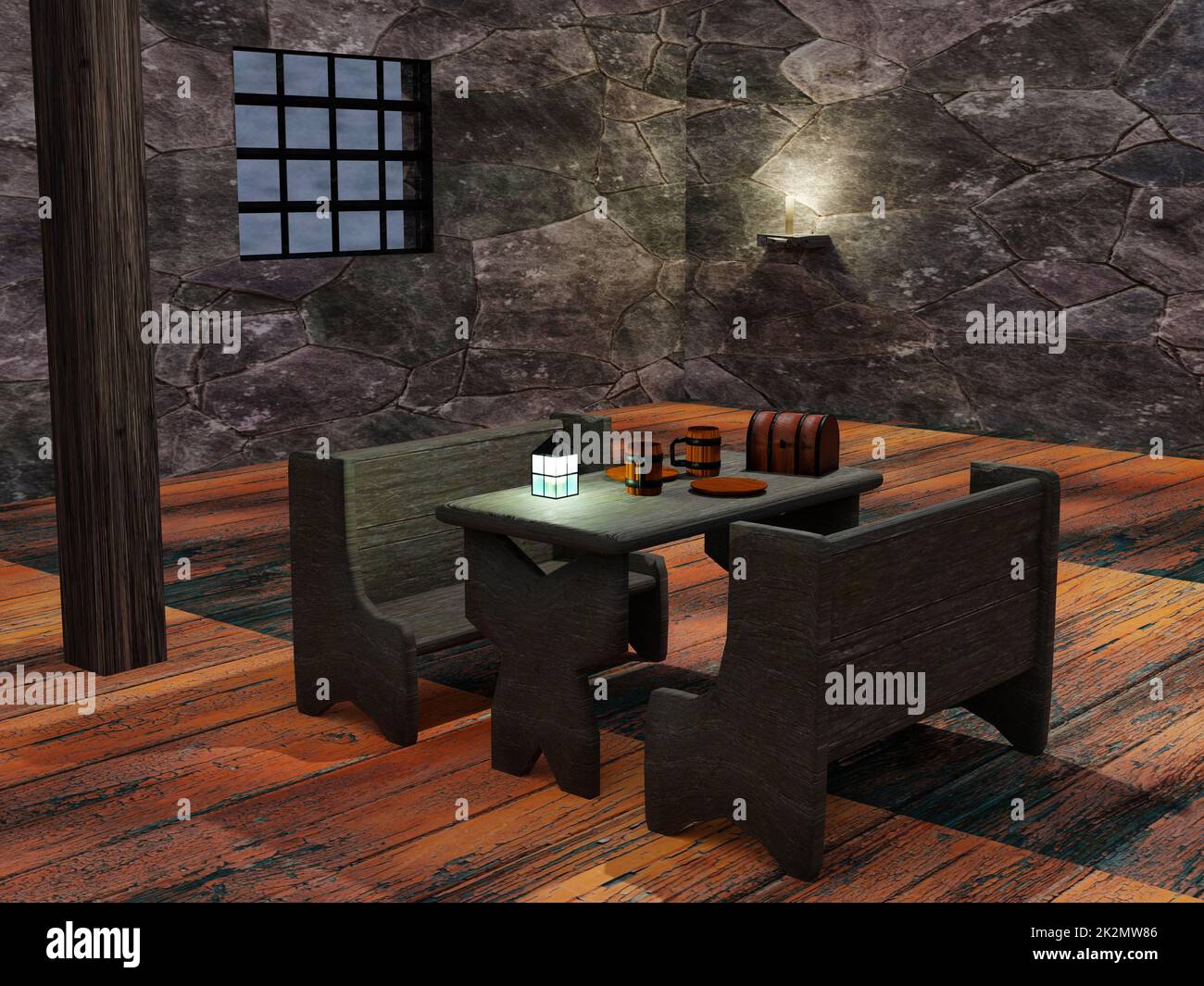 Old tavern with table and trunk Stock Photo - Alamy