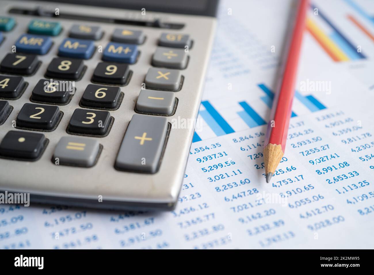 Calculator on chart and graph spreadsheet paper. Finance development ...