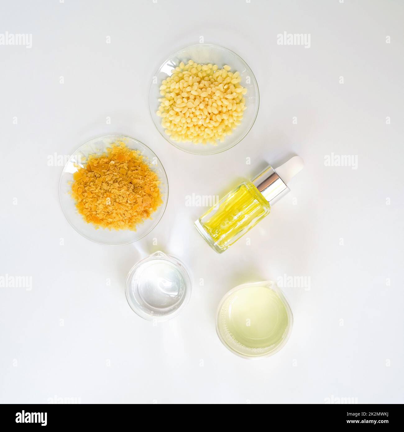 Cosmetic chemicals ingredient on white laboratory table. Carnauba Wax ...