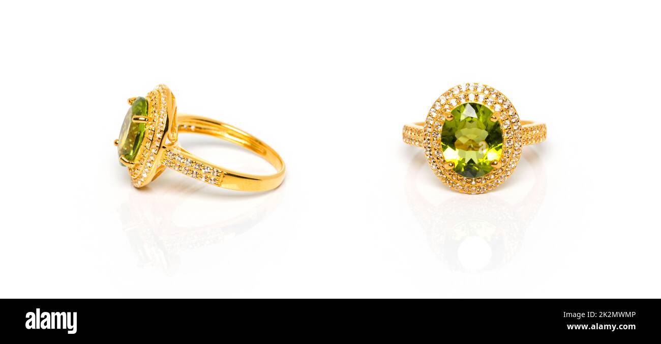Peridot and Diamond Jewel or gems ring on white background with ...