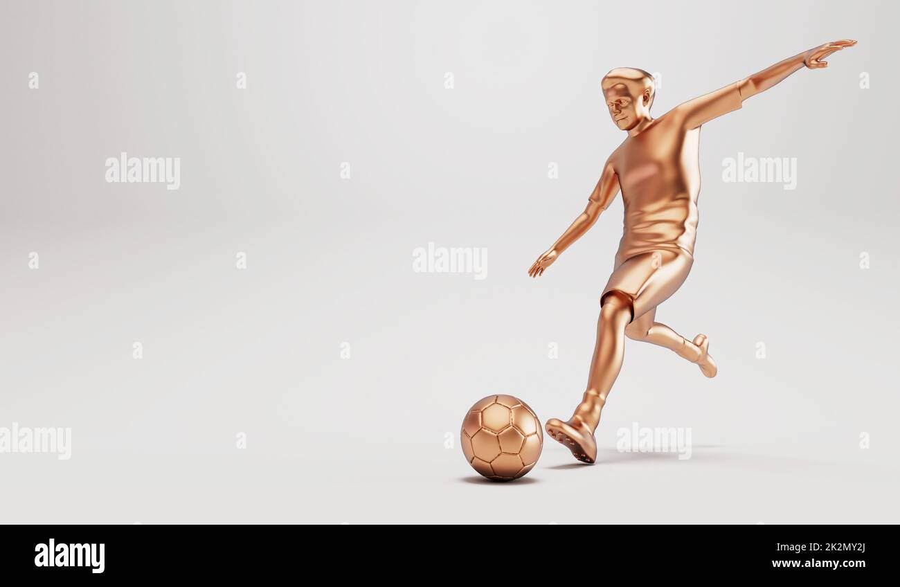 Golden soccer football player kicking a ball in an action pose. 3D ...