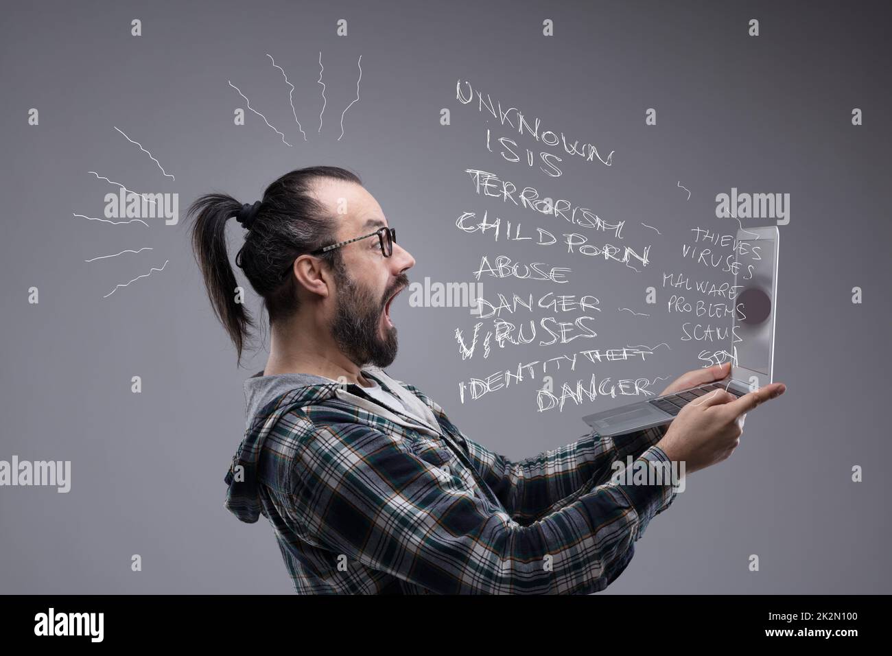 Bearded man reacting in horror to a tablet-pc Stock Photo - Alamy