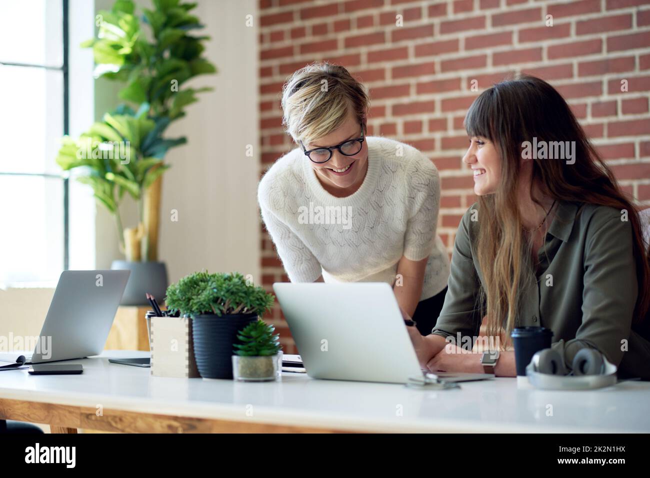 two business women using laptop computer working in office team leader ...