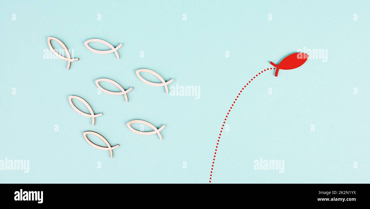 One fish is the leader of the group, leadership and teamwork concept ...