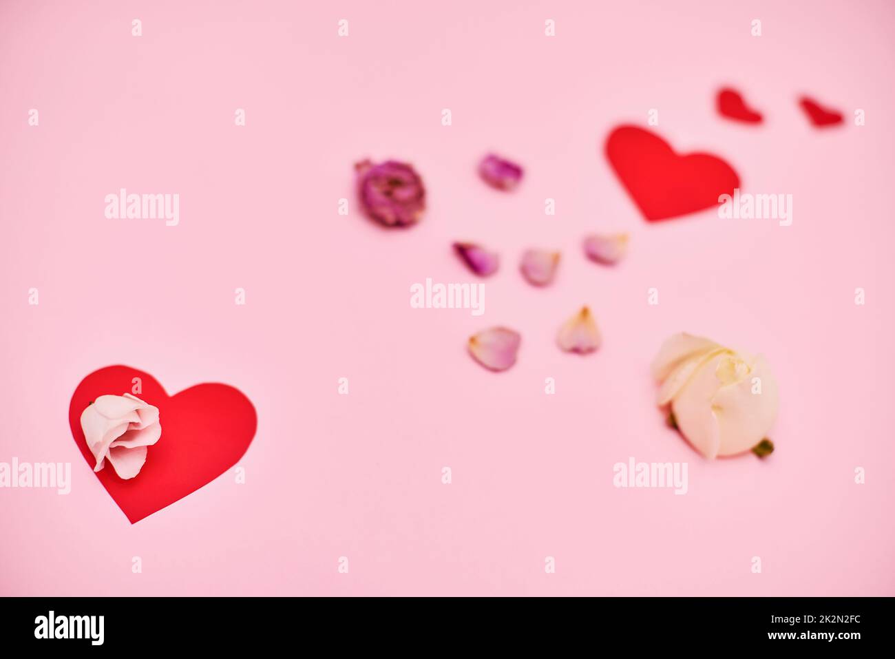 red paper hearts and rose petals on pink background Stock Photo - Alamy