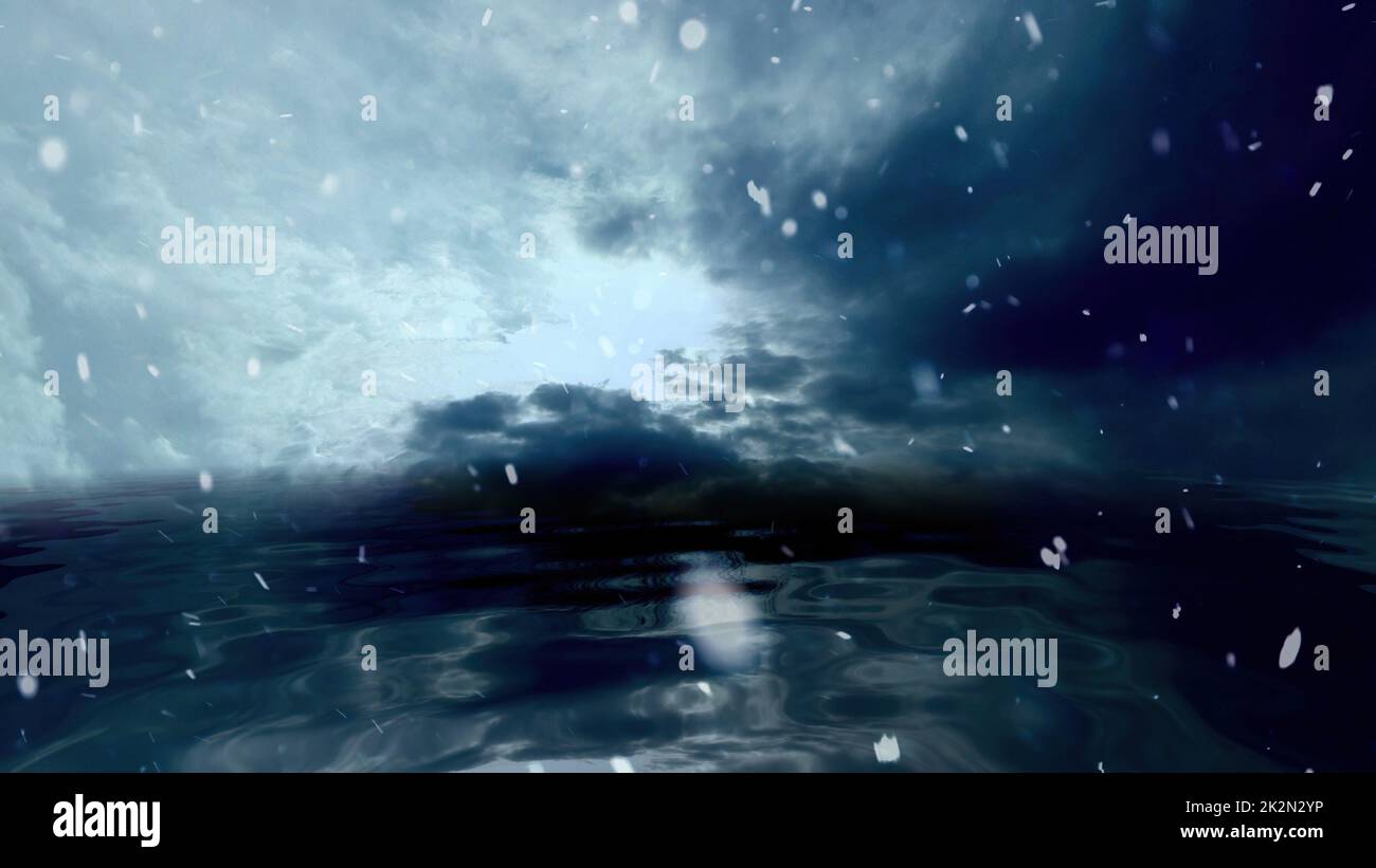 Snowing on Stormy Clouds Over Dark Ocean Stock Photo - Alamy