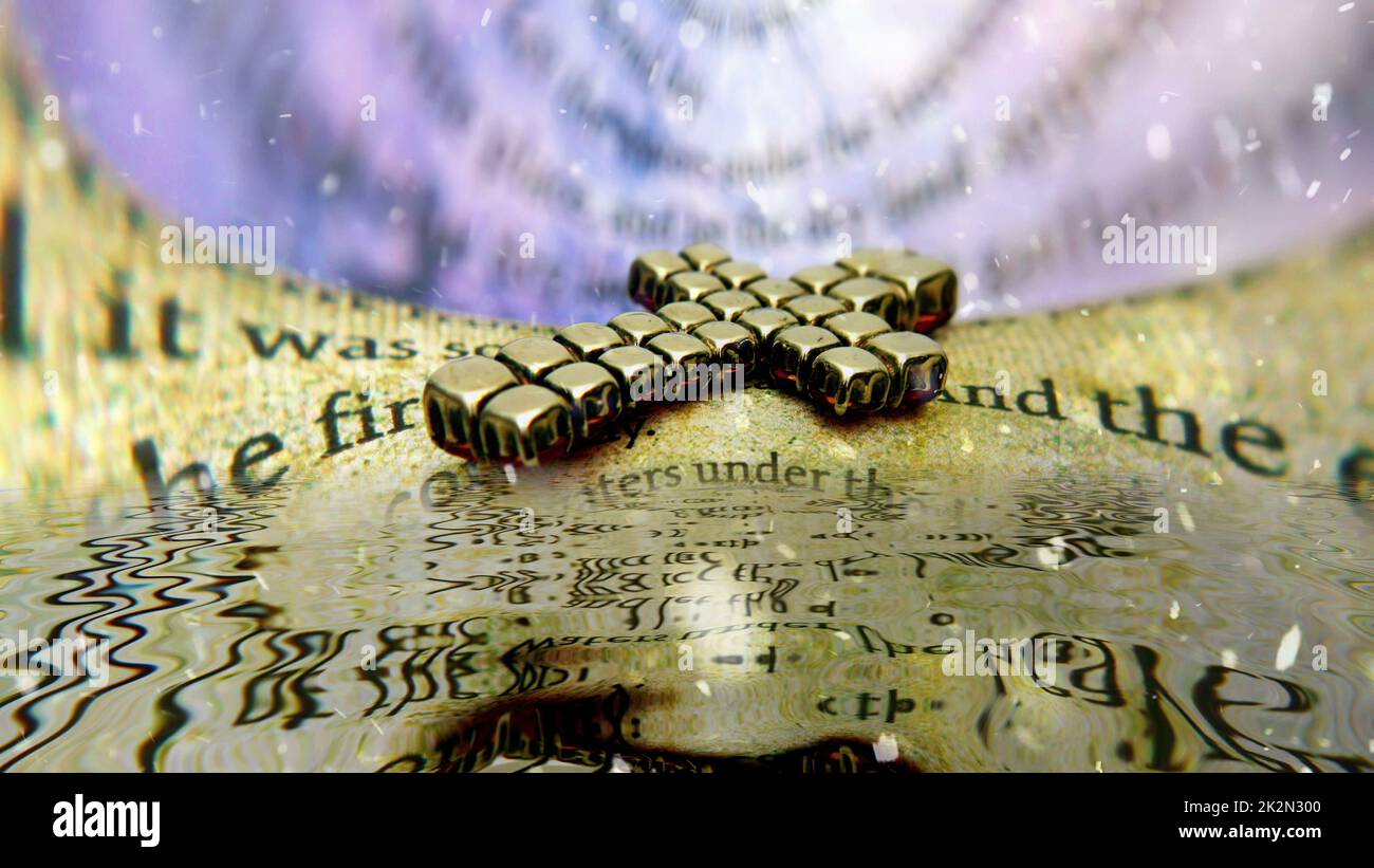 Snowing over cross of Jesus on bible Stock Photo - Alamy