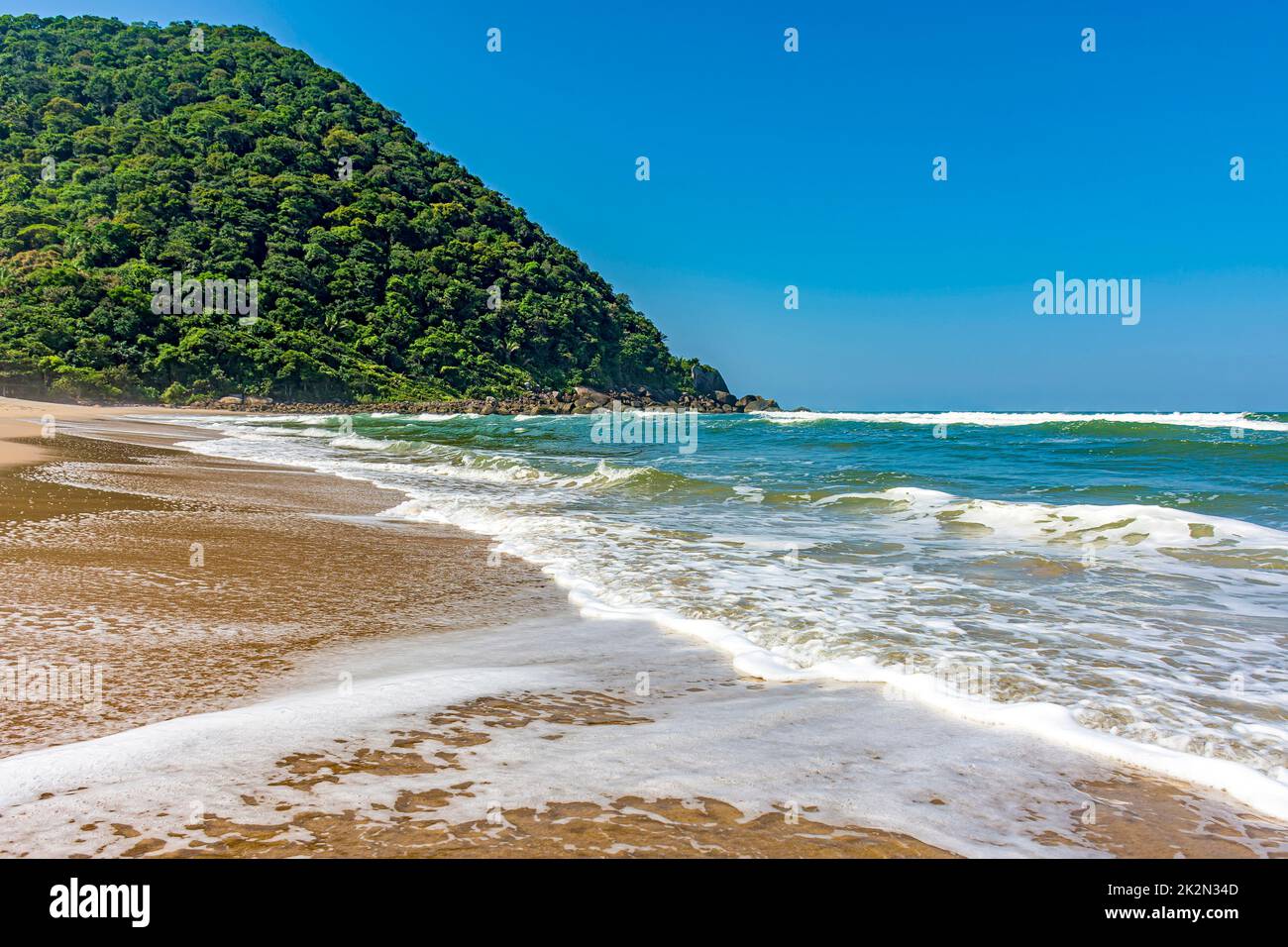 Beautiful deserted beach in Bertioga on the coast of Sao Paulo state ...
