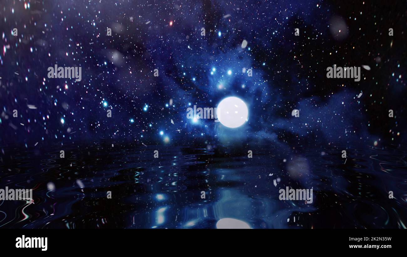 Snowing over Full Moon Water Reflection Stock Photo - Alamy