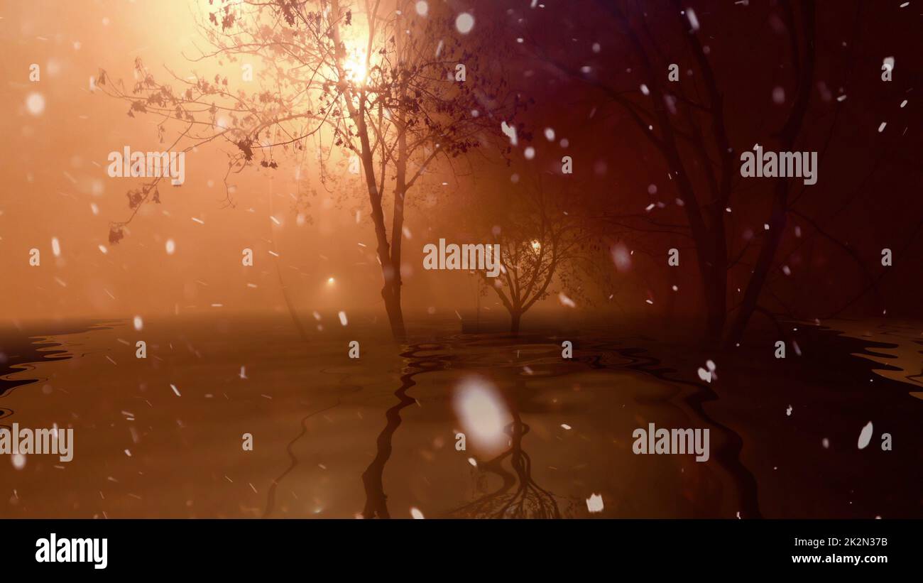 Snowing in foggy trees reflected in water Stock Photo - Alamy