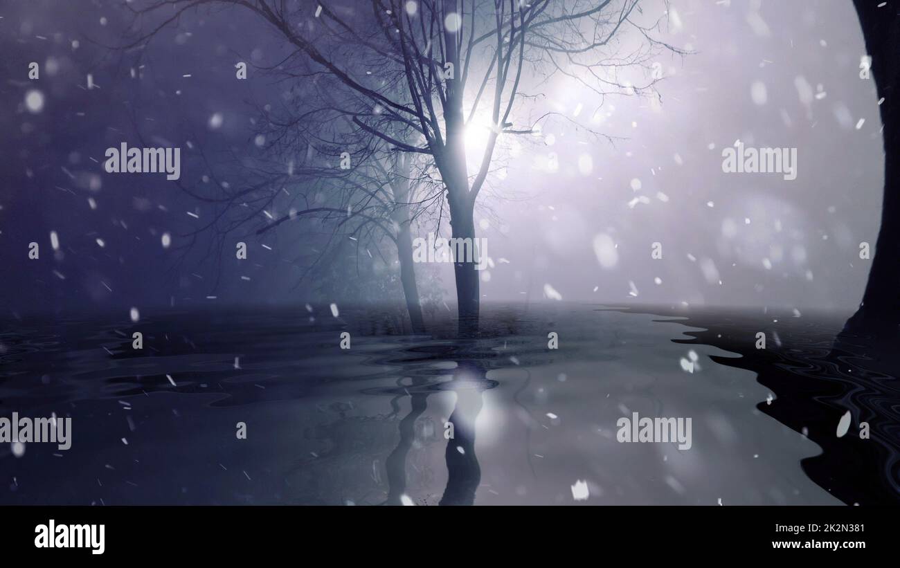 Snowing in foggy trees reflected in water Stock Photo - Alamy