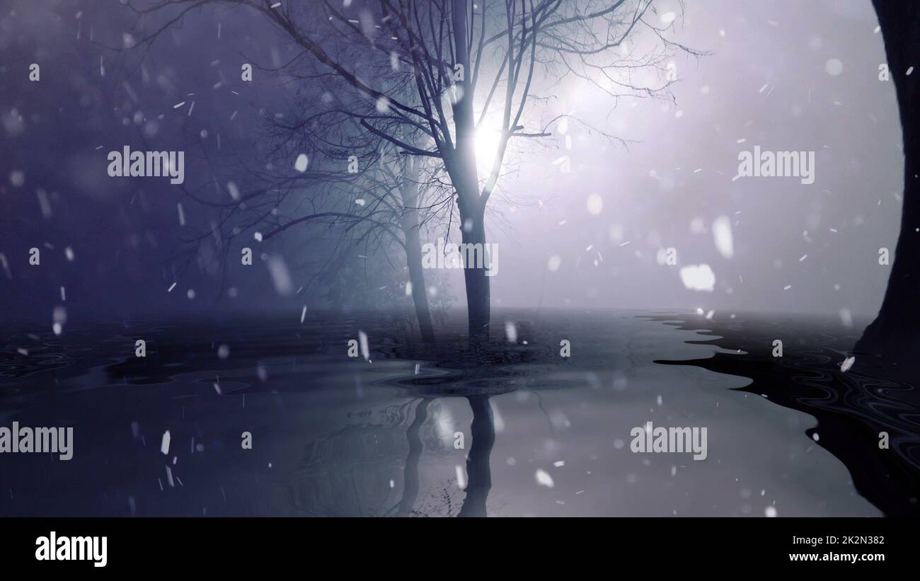 Snowing in foggy trees reflected in water Stock Photo - Alamy