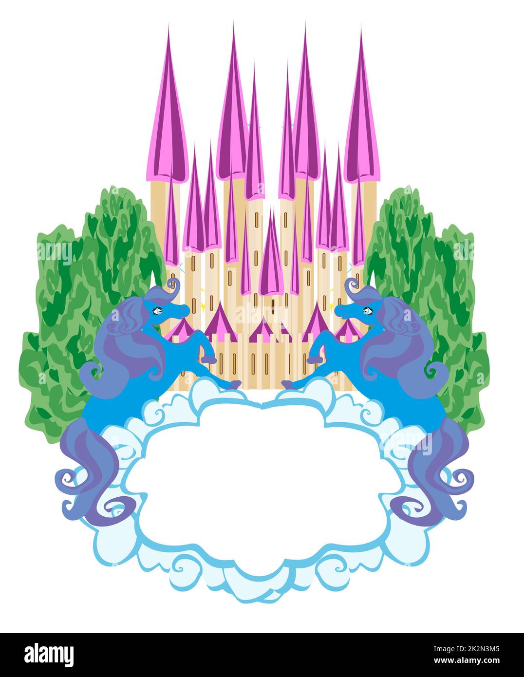 Fairytale frame with magic castle and unicorns Stock Photo - Alamy