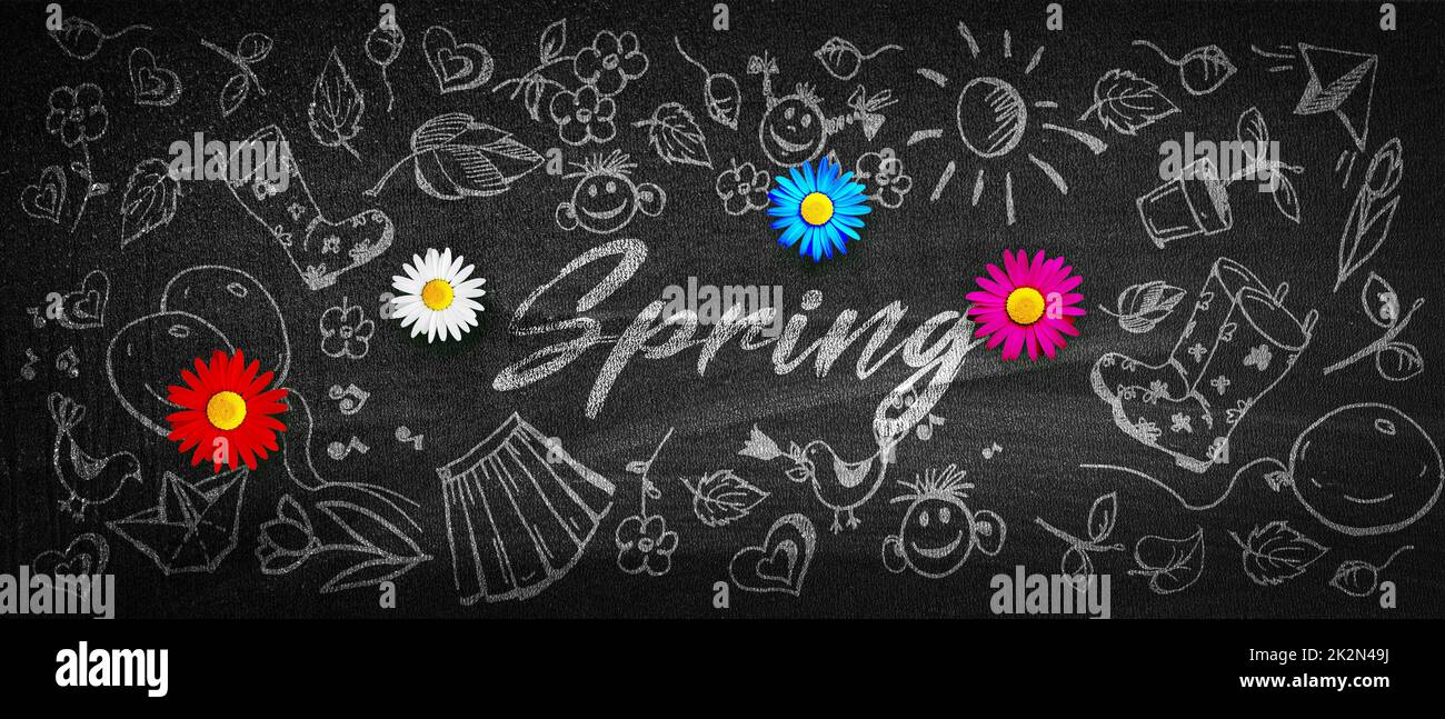 Funny spring word witten on chalkboad background Stock Photo - Alamy