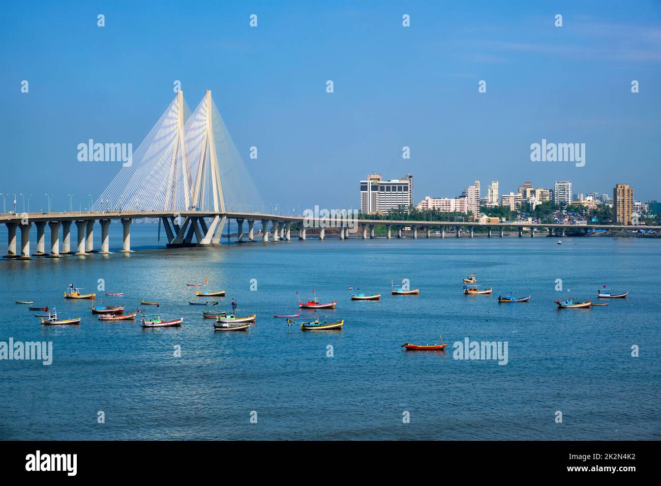Bandra - Worli Sea Link bridge with fishing boats view from Bandra fort ...